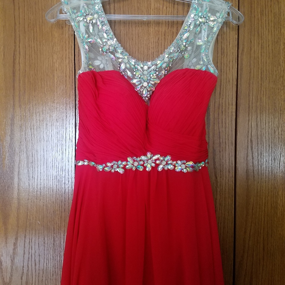 Red Illusion Neck Low Back Prom Dress - Gem